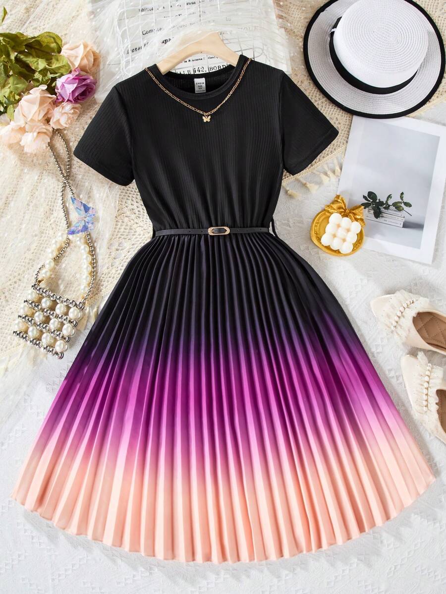 SHEIN Tween Girls' Gradient Color Short Sleeve Dress With Pleated Hem ...