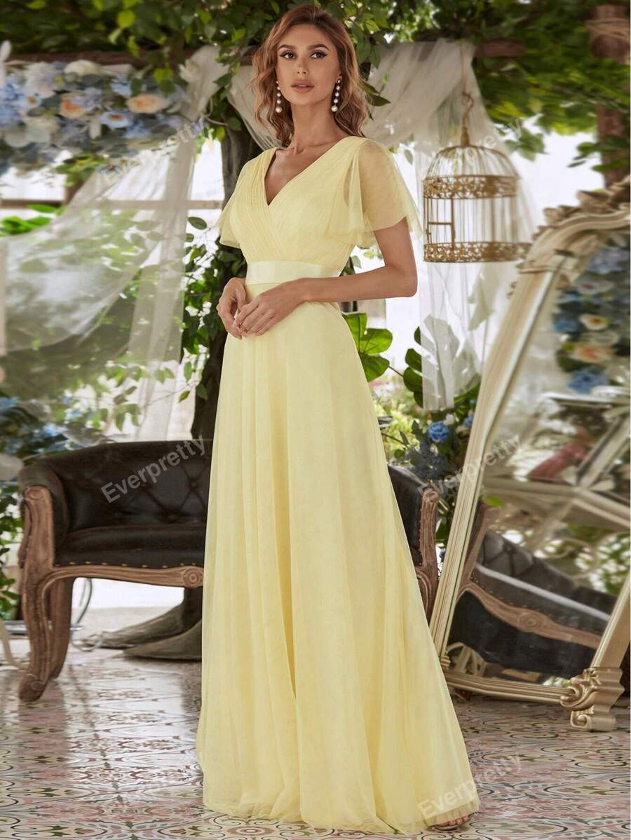 EVER-PRETTY Elegant Spring V Neck Maxi A-Line Mesh Wedding Bridesmaid ...