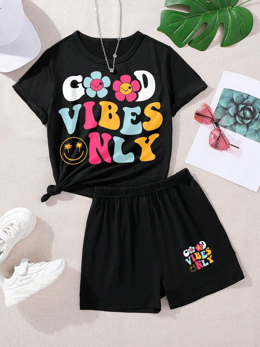 SHEIN Tween Girls' Cartoon Print Short Sleeve Set | SHEIN EUR