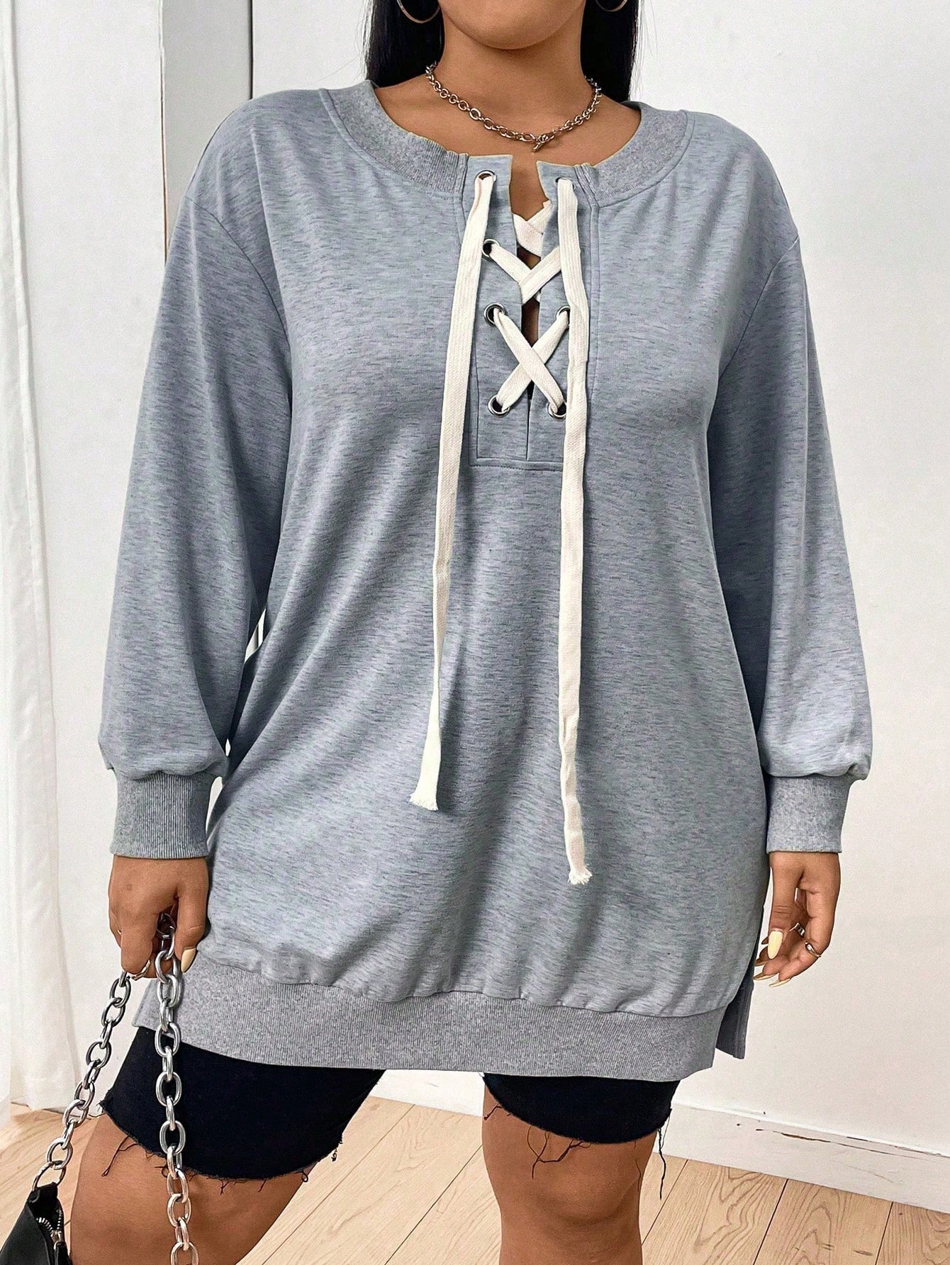Plus Size Light Grey Sweatshirt With Drawstring, Side Slit And Pockets ...