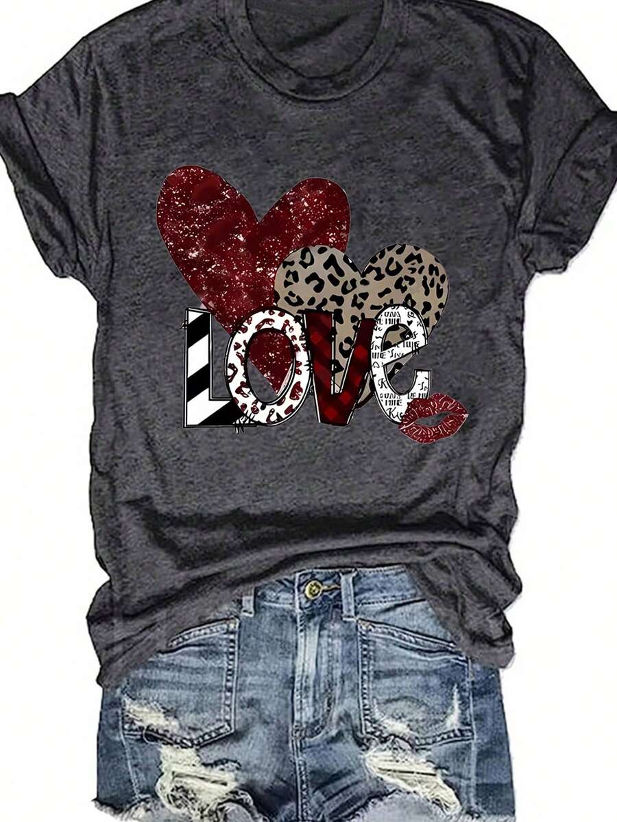 SHEIN LUNE Leopard Print Heart Pattern Short Sleeve T-Shirt | SHEIN USA