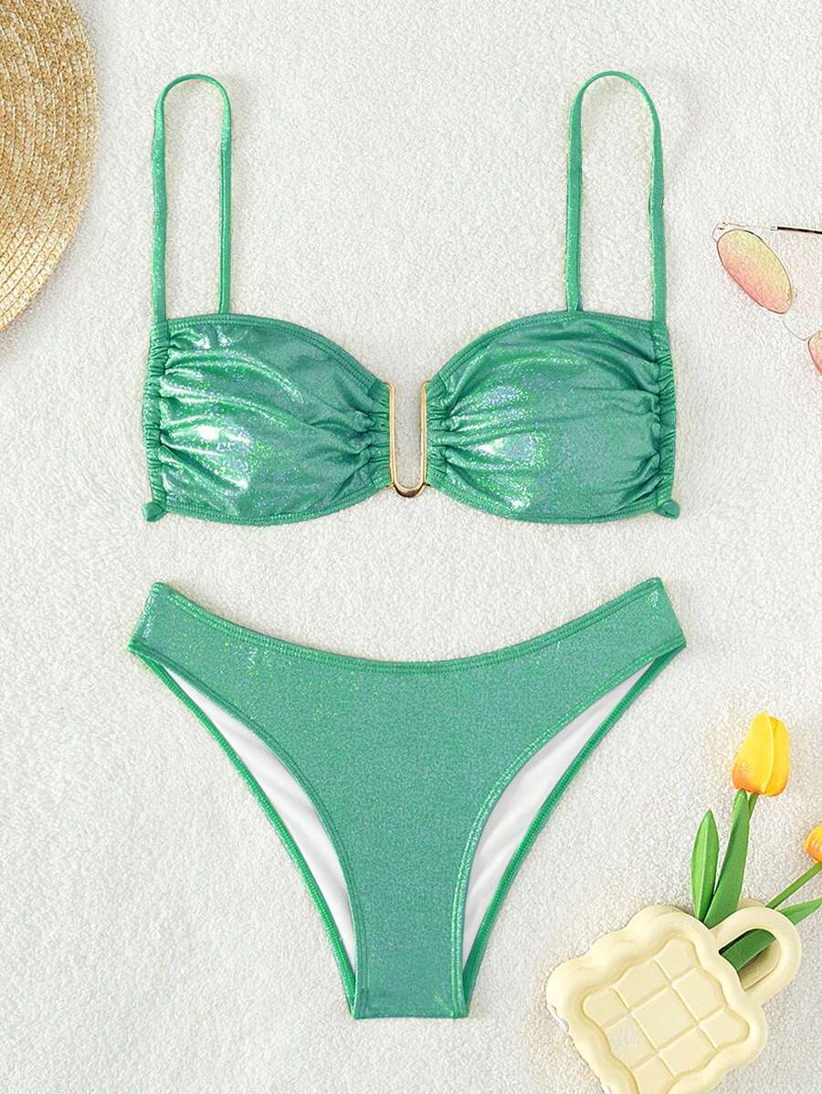 SHEIN Swim Summer Beach Women's Glossy Texture Ruffled Two Piece ...