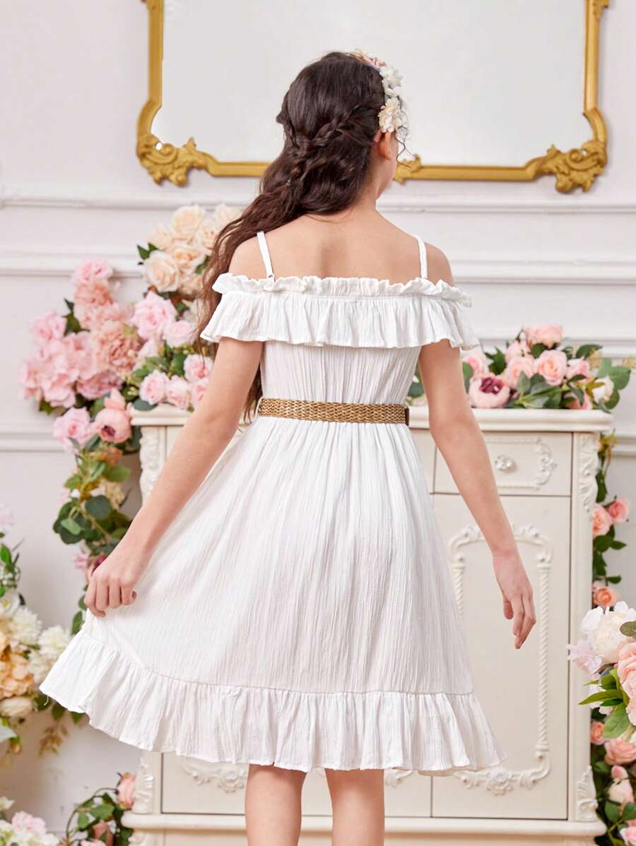 Tween Girls' Solid Color Ruffle Trim Dress With Detachable Braided Belt ...
