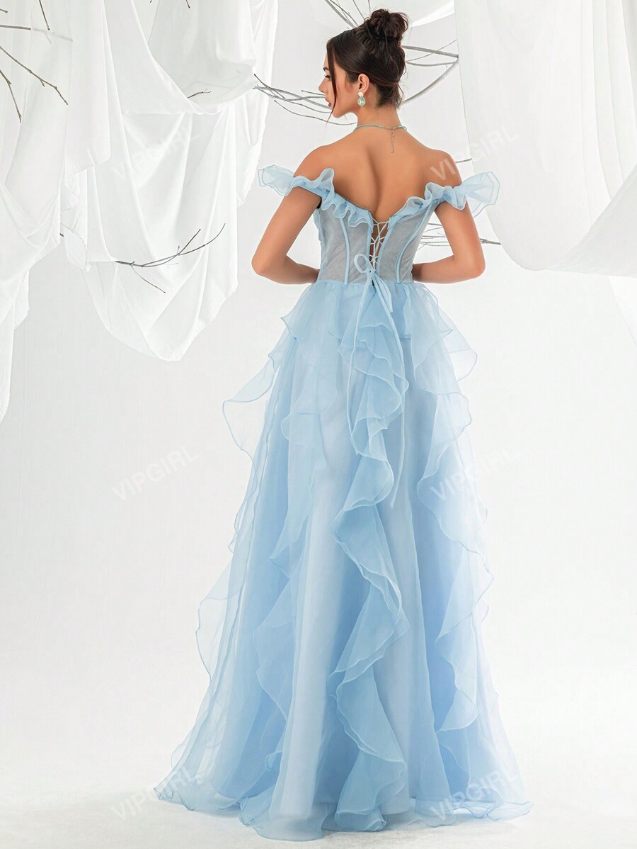 Light Blue Mesh Ruffles Mermaid Women's Evening Formal Dress Elegant ...