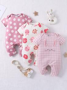 3 Peças/conjunto Macacão Confortável Para Bebê Menina, Com Estampa De ...