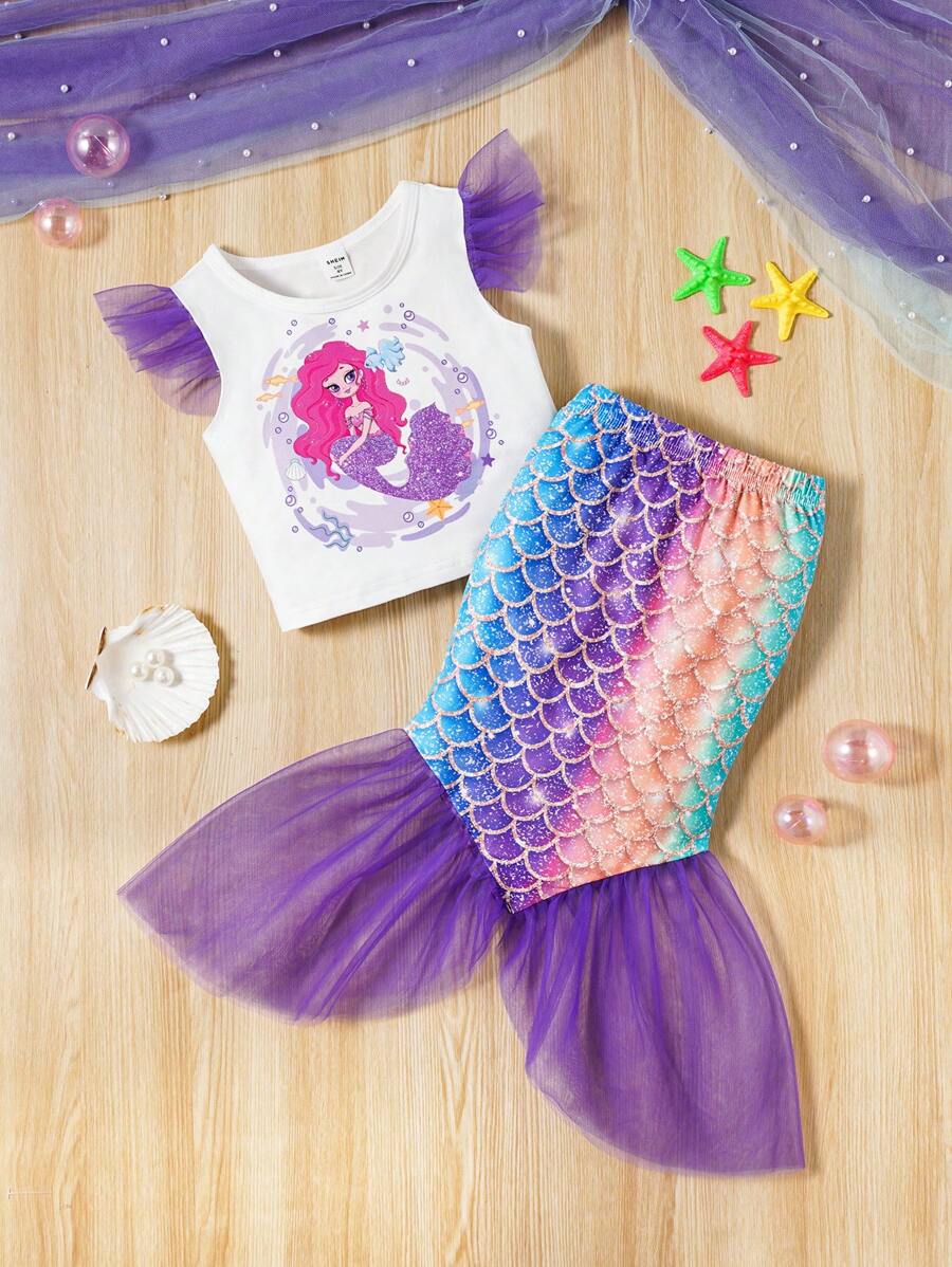 SHEIN Young Girl's Fun & Cute Mermaid Mesh Top With Ruffle Edge Detail ...
