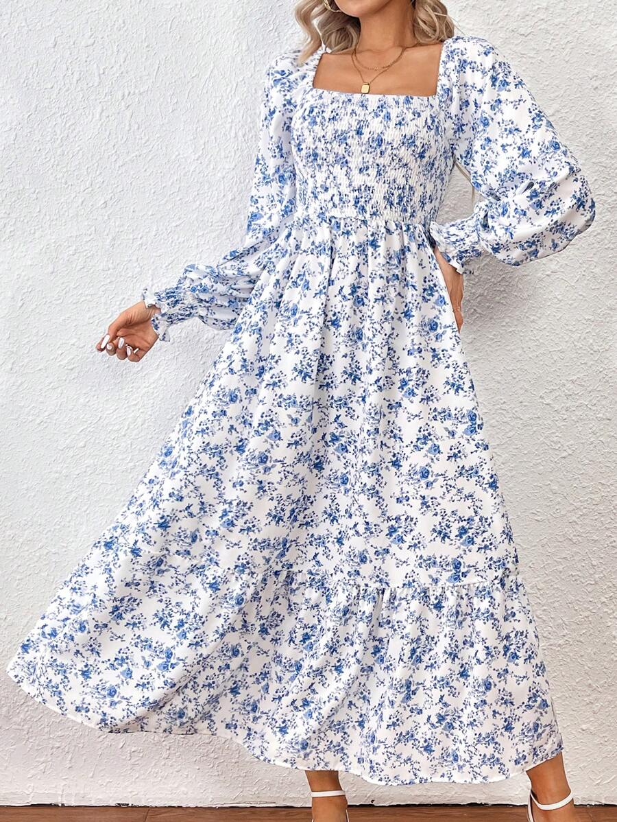 SHEIN Clasi Floral Print Square Neck Lantern Sleeve Dress Maxi Women ...