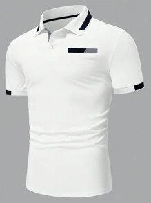 Manfinity Homme Men Contrast Trim Half Button Collar Cotton Color Block White Work Business ...