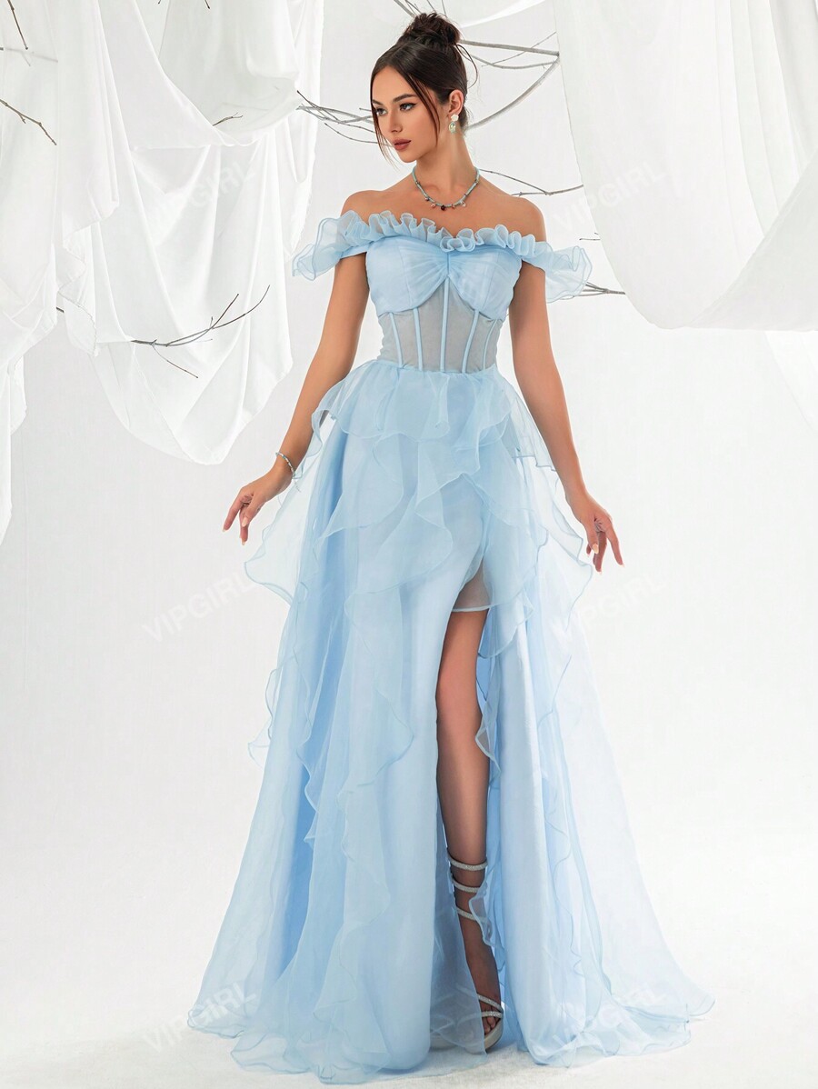 Light Blue Mesh Ruffles Mermaid Women's Evening Formal Dress Elegant ...