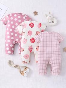 3 Peças/conjunto Macacão Confortável Para Bebê Menina, Com Estampa De ...