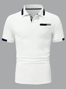 Manfinity Homme Men Contrast Trim Half Button Collar Cotton Color Block White Work Business ...