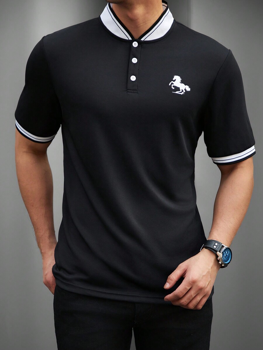 Manfinity Homme Men's Contrast Stripe Print Polo Shirt With Small Horse ...