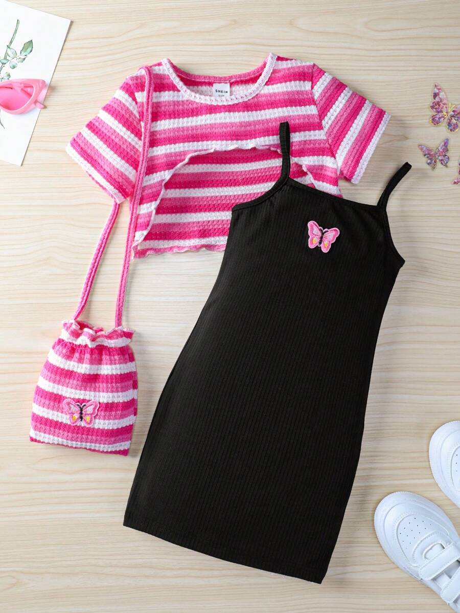 SHEIN Young Girls 2pcs/Set Stripe Top + Butterfly Embroidered Patchwork ...
