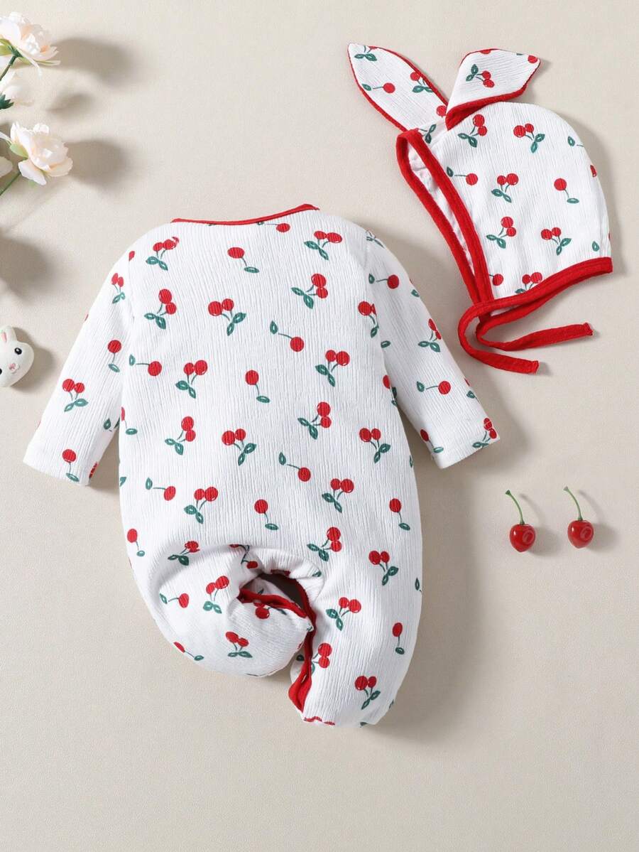 Baby Girl Infant Girls' White Footed Sleeper With Cherry Print And Hat ...