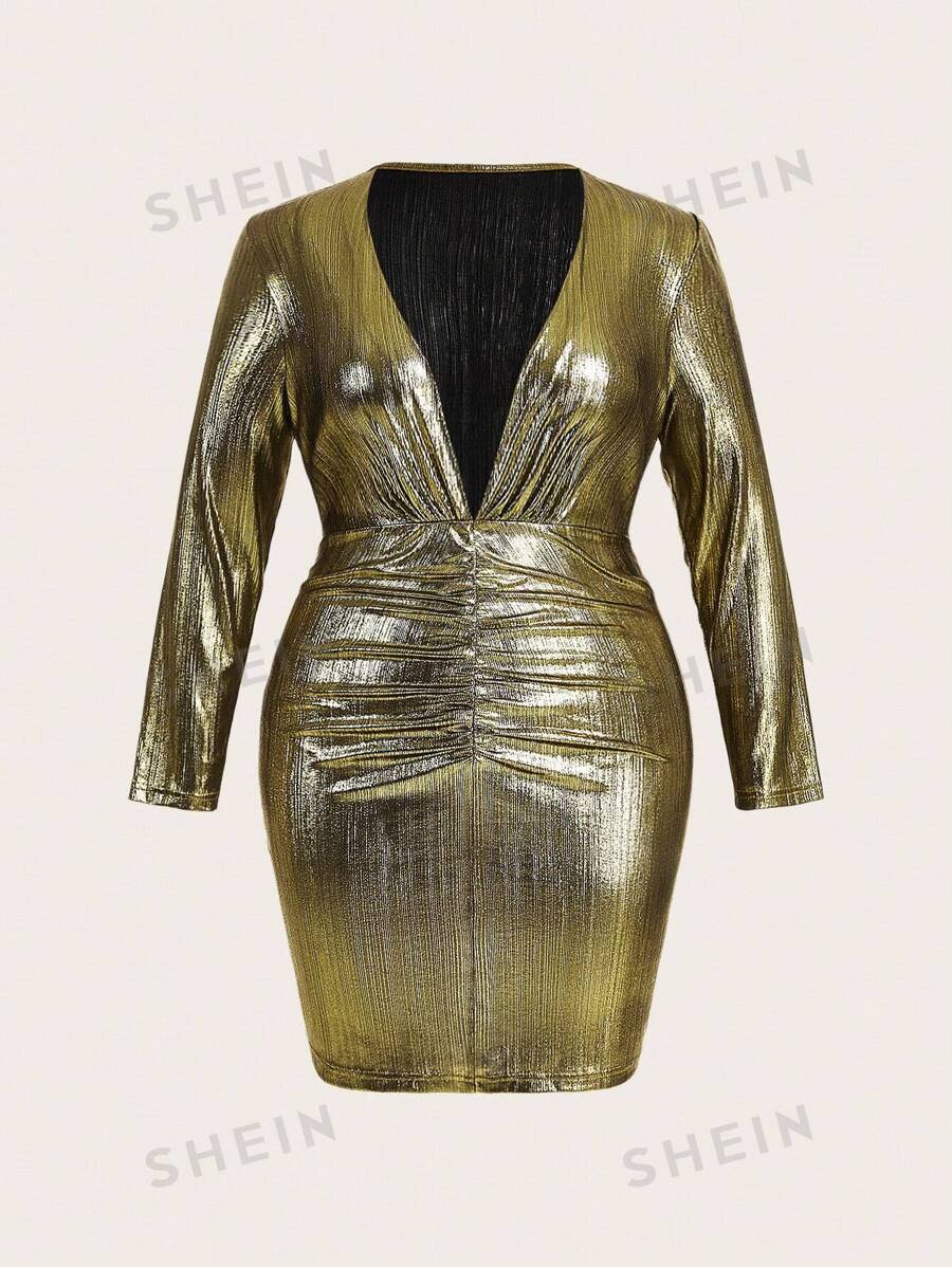 SHEIN BAE Plus Size Metallic Deep V-Neckline Pleated Bodycon Dress ...