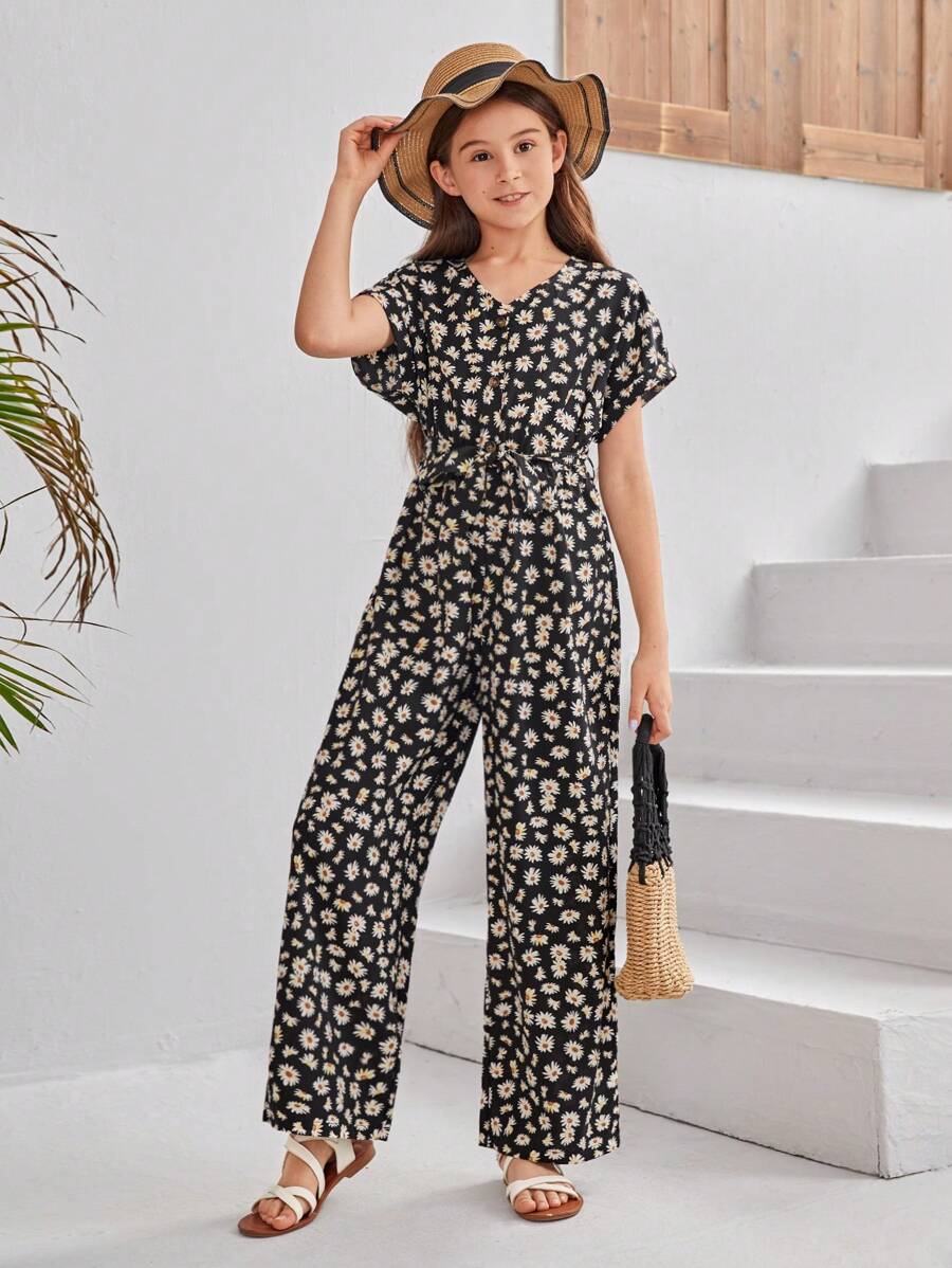 SHEIN Tween Girl Daisy Pattern V-Neck Half Placket Jumpsuit With ...