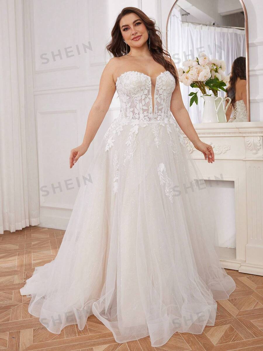 Plus Size Embroidered Mesh Tube White Wedding Dress | SHEIN USA