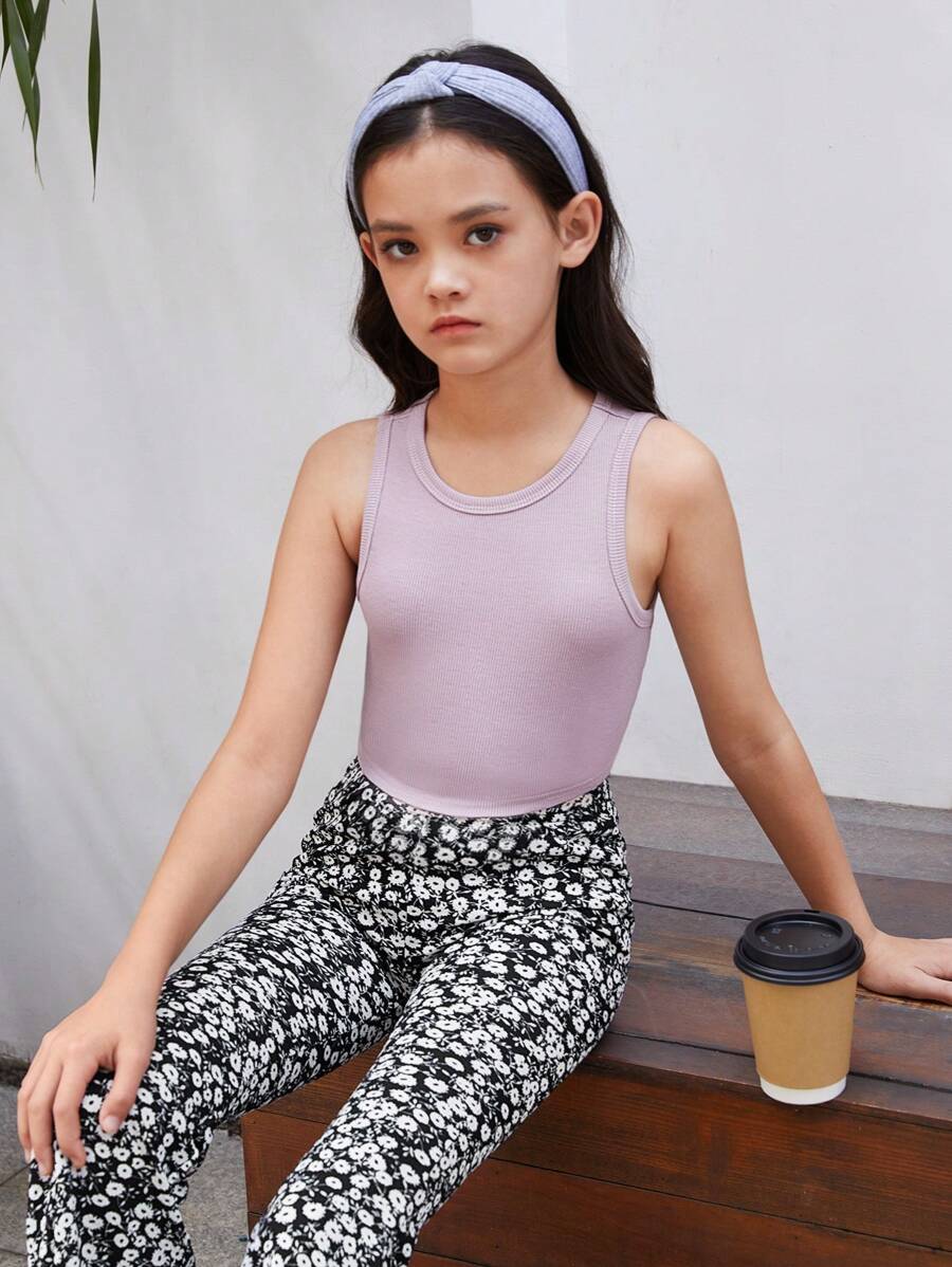 SHEIN Tween Girl Knit Vest+Floral Bell-Bottoms Holiday Two Piece Outfit | SHEIN EUR