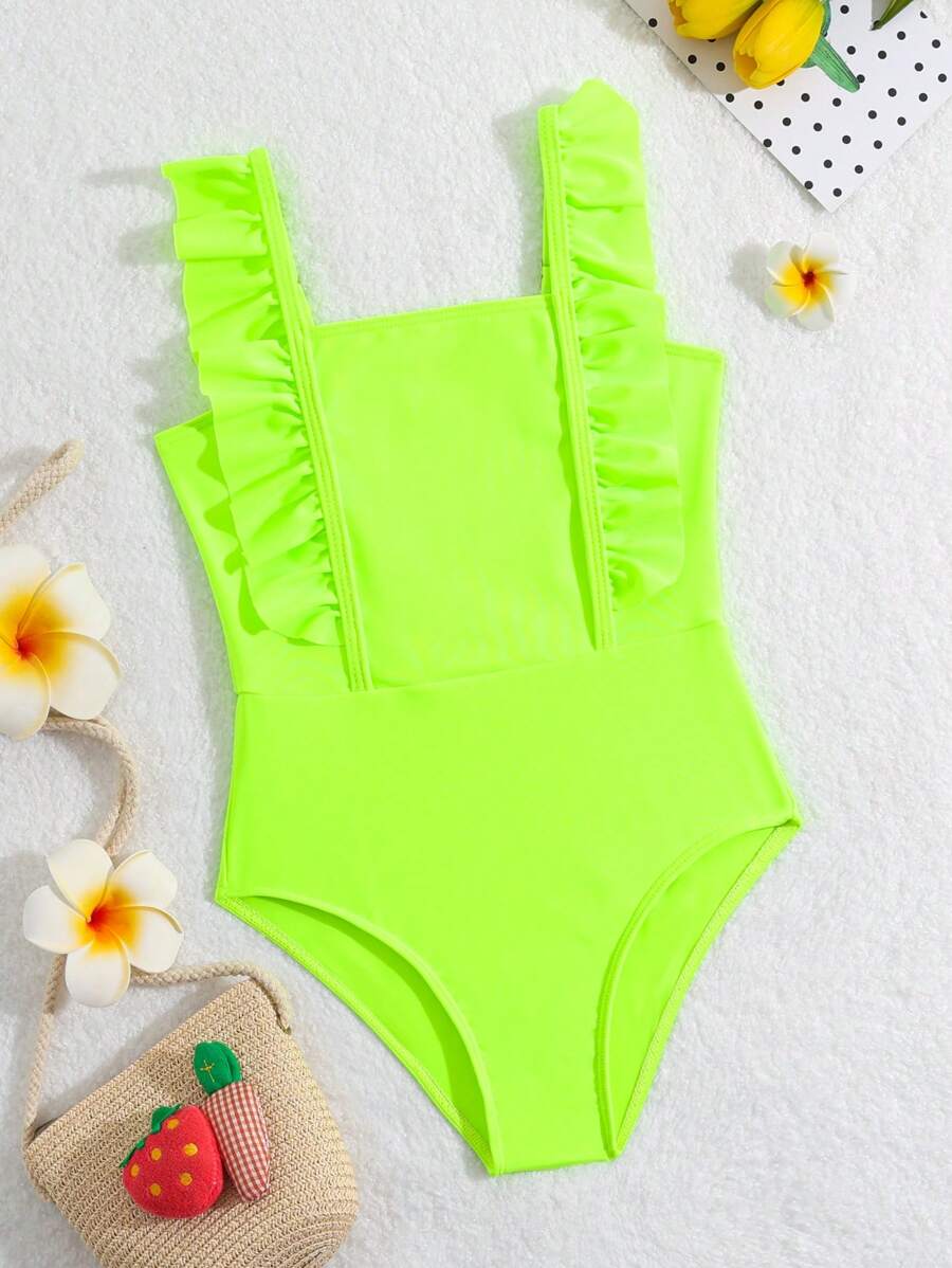 Young Girl Summer Beach Ruffle Trim Neon One-Piece Swimsuit Bathing ...