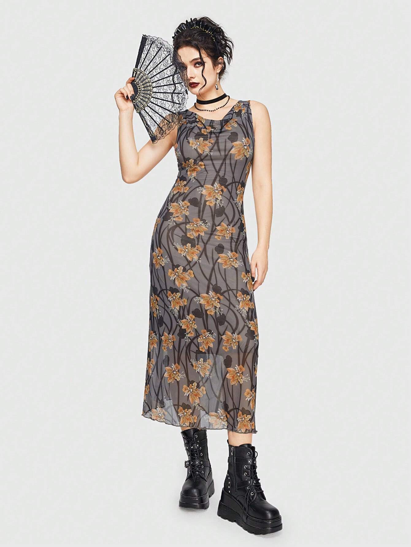 ROMWE Goth Women's Gothic Vintage Palace Floral Lattice Mesh ...