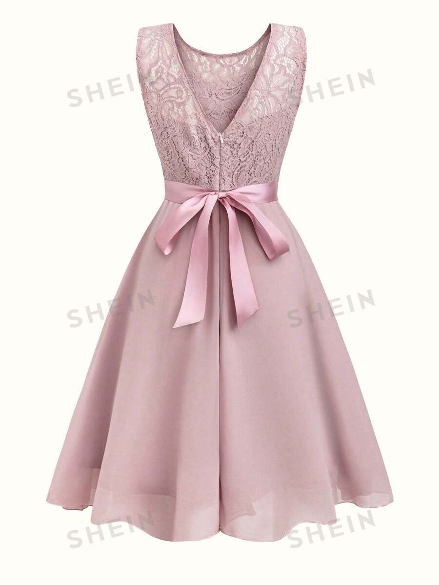 SHEIN Belle Lace Panel Sleeveless Dress Graduation Semi Formal Dress ...