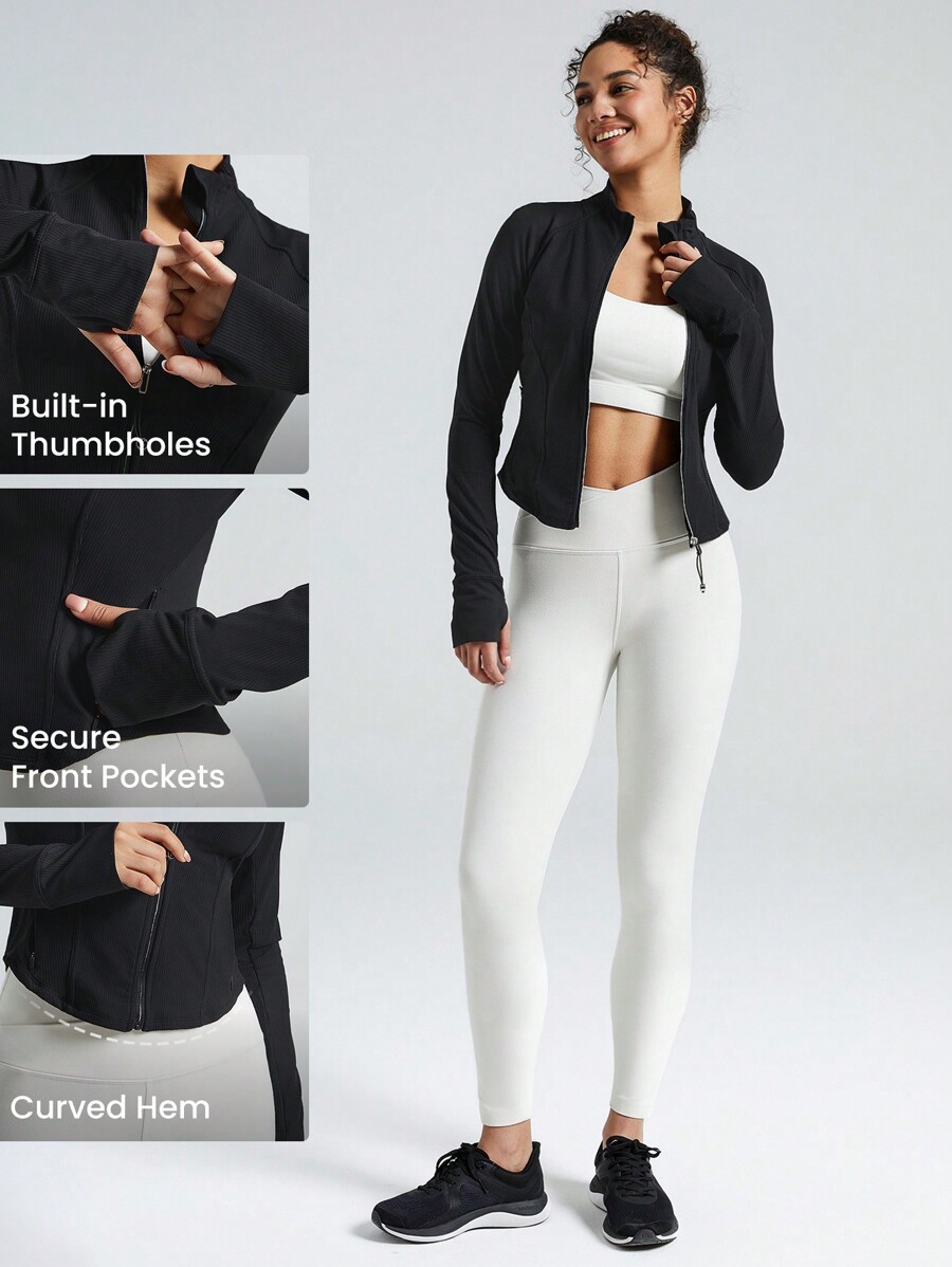 GLOWMODE Ribbed Slimfit Curve Hem Zipper Pocket Jacket With Thumbhole ...