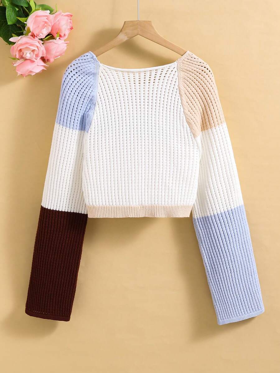 Teen Girl Contrast Color Square Collar Short Flared Sleeve Slim Fit ...