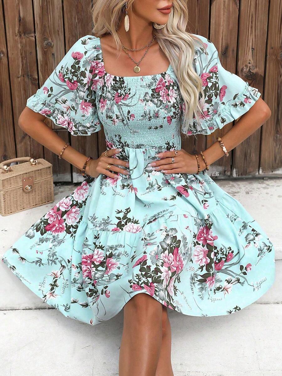 Breezaya Floral Print Square Neck Flounce Sleeve Ruffle Hem Dress Vacation Beach Outfits Women ...