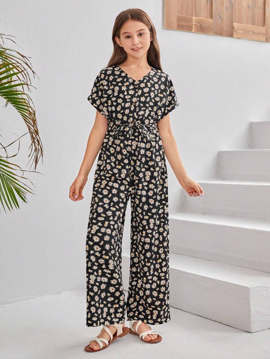 SHEIN Tween Girl Daisy Pattern V-Neck Half Placket Jumpsuit With ...