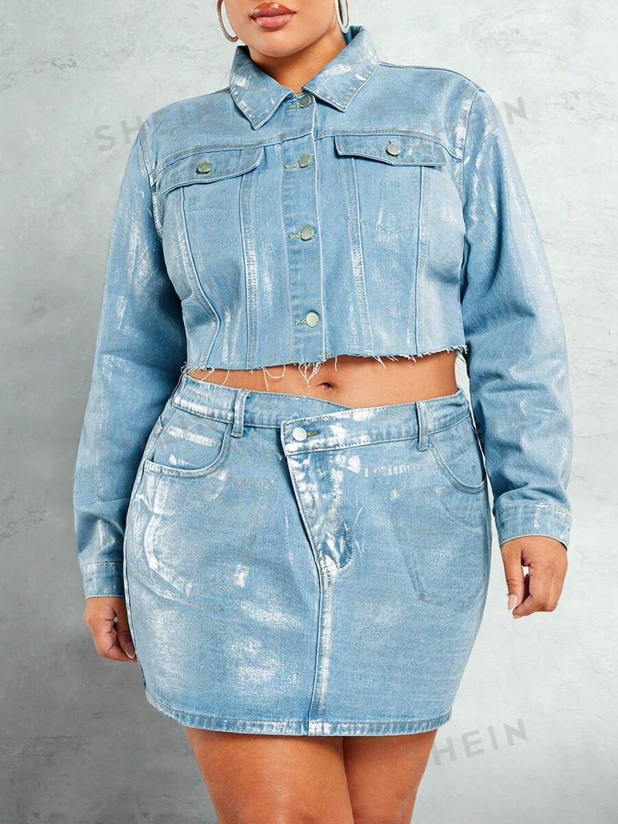 SHEIN BAE Silver Metallic Coated Women's Denim Jackets And Coats&Club ...