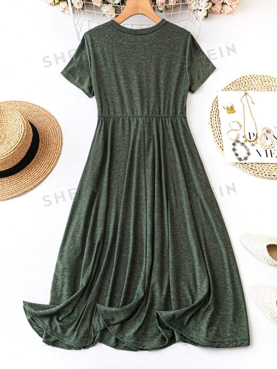 SHEIN LUNE Plus Size Women's Round Neck Drawstring Waist Dress | SHEIN USA