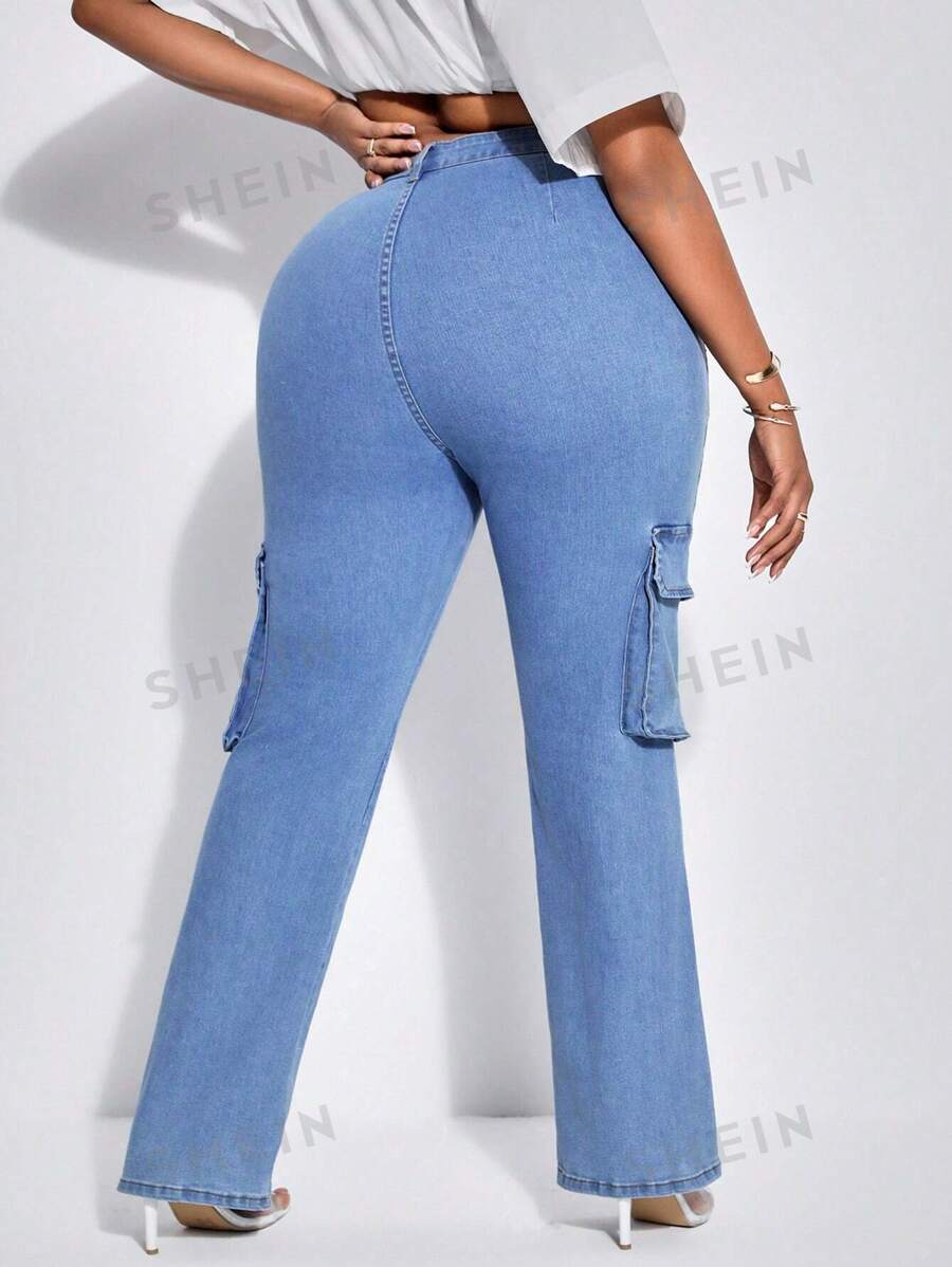 SHEIN SXY Plus Size Stretchy Bell Bottom Jeans With Flap Pockets And ...
