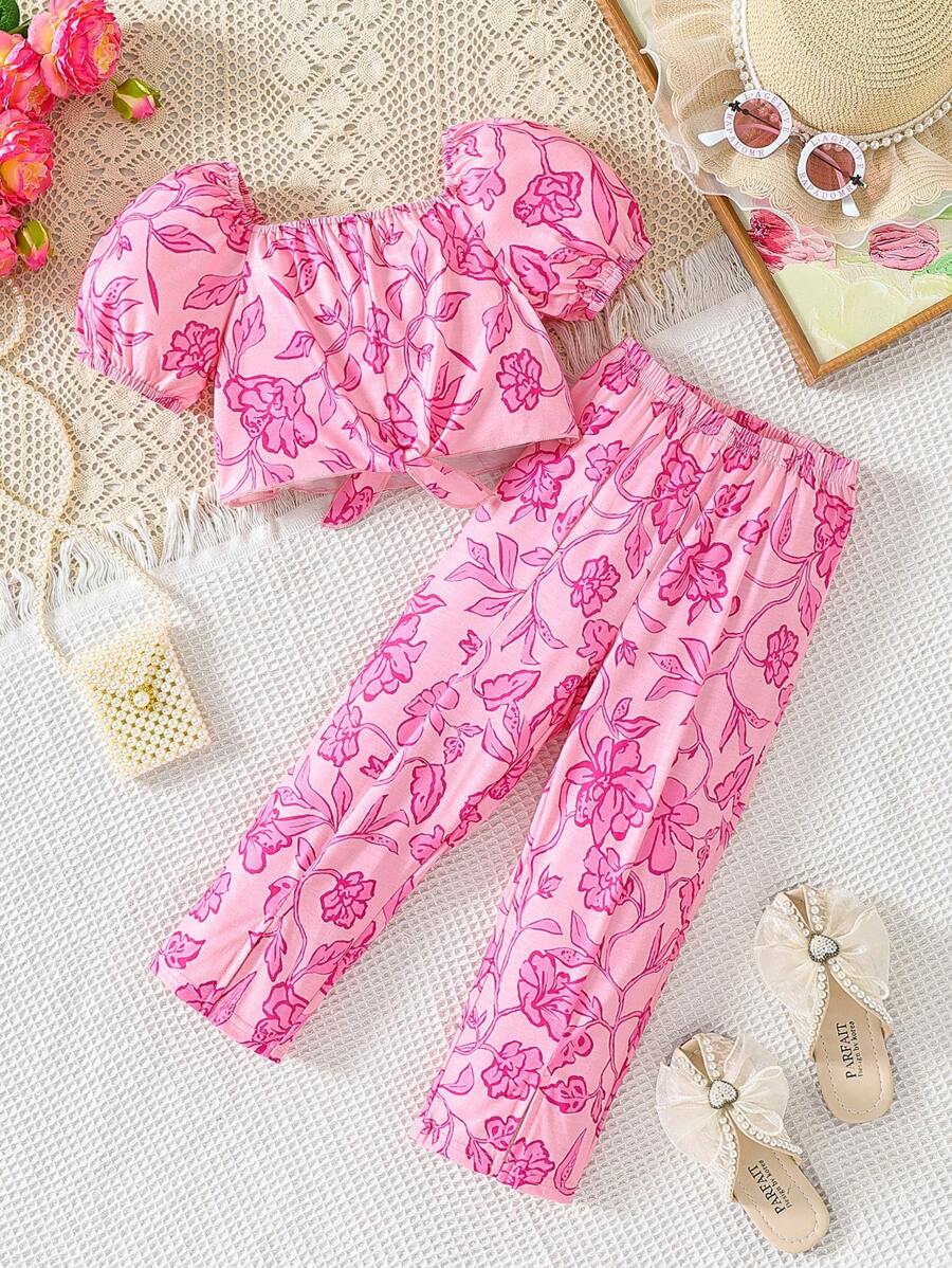 SHEIN Kids Nujoom 2入組年輕女孩花卉印花服裝套裝,適合夏季假期和派對穿著 | SHEIN台灣