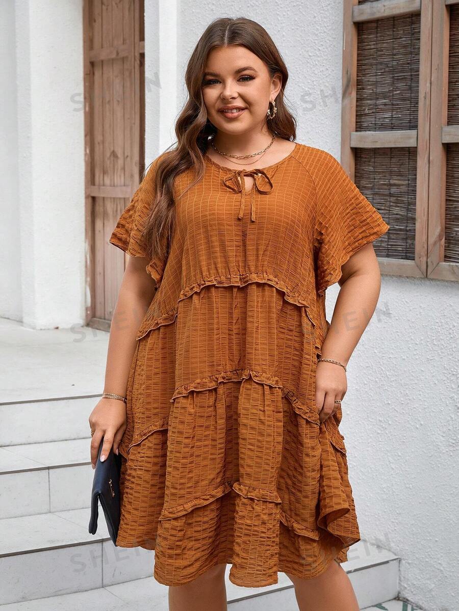 SHEIN LUNE Plus Size Ruffle Layered Cake Dress Patchwork Short Sleeve ...