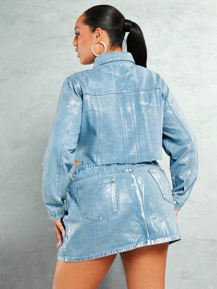 SHEIN BAE Silver Metallic Coated Women's Denim Jackets And Coats&Club ...