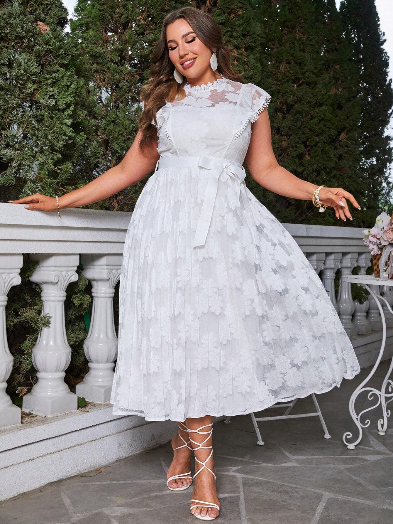 Simplee Plus Floral Embroidery Mesh Overlay Belted Dress Shein Usa