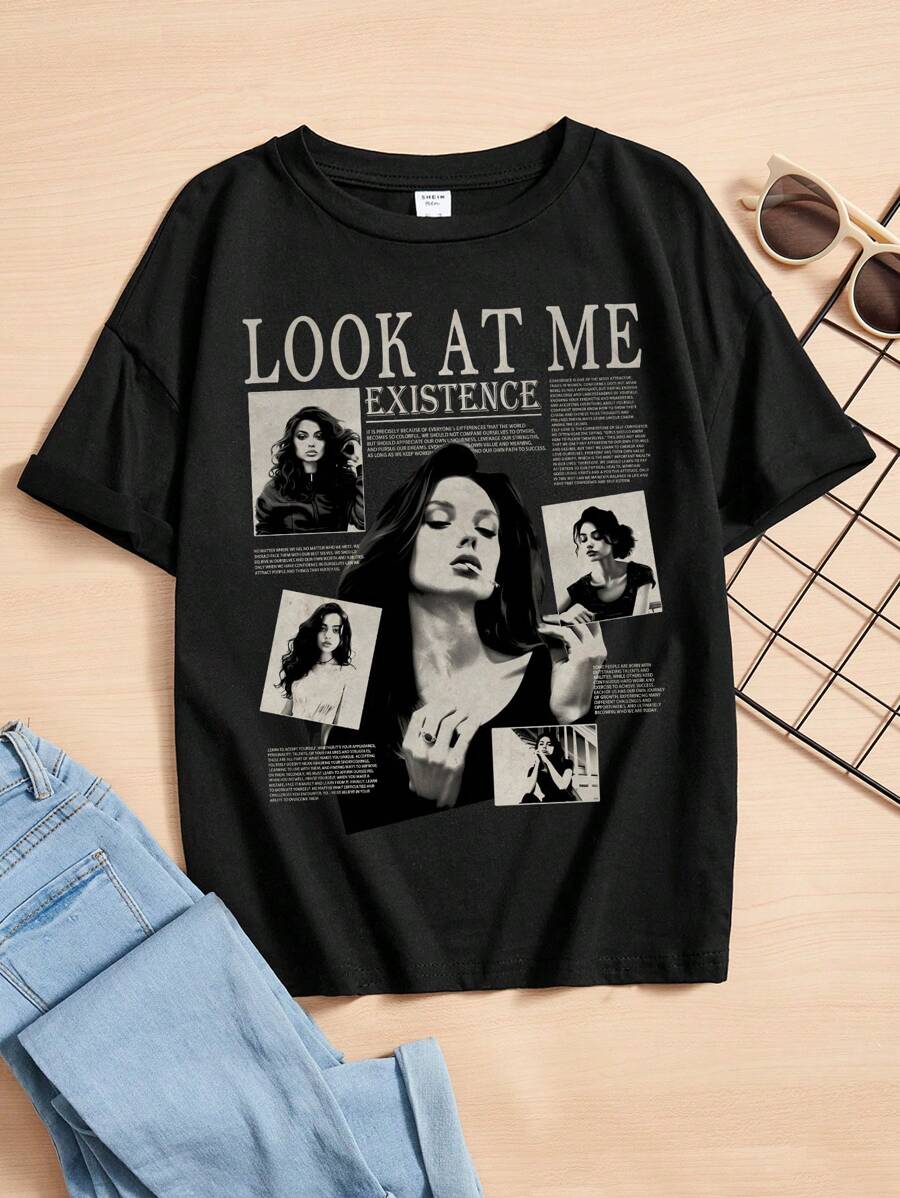 SHEIN Teen Girls' Casual Minimalist Portrait Pattern Short Sleeve T ...