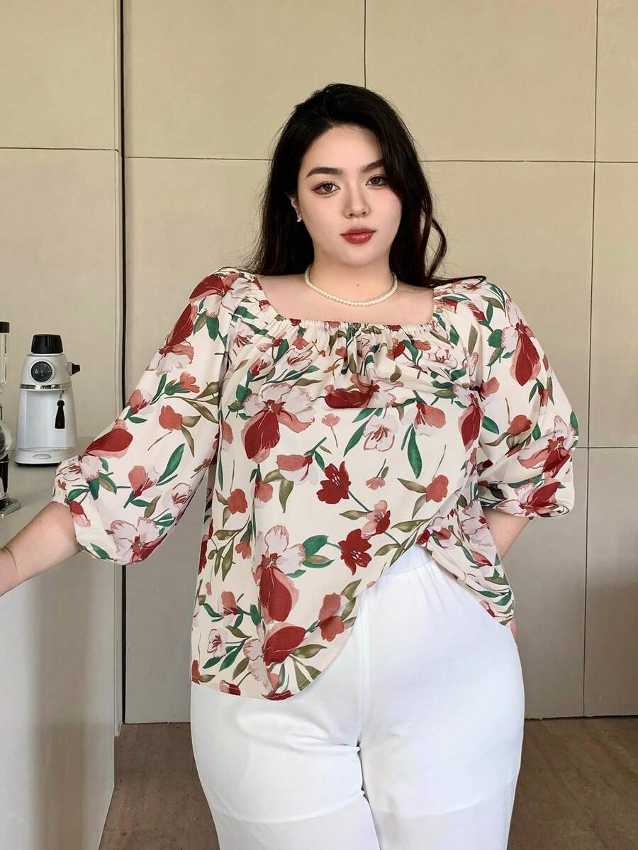 Dazy Plus Plus Size Women's Elegant Off-Shoulder Wide Hem Blouse, Floral Print | SHEIN USA