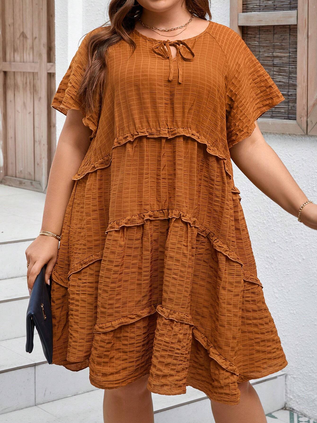 SHEIN LUNE Plus Size Ruffle Layered Cake Skirt Patchwork Short Sleeve ...
