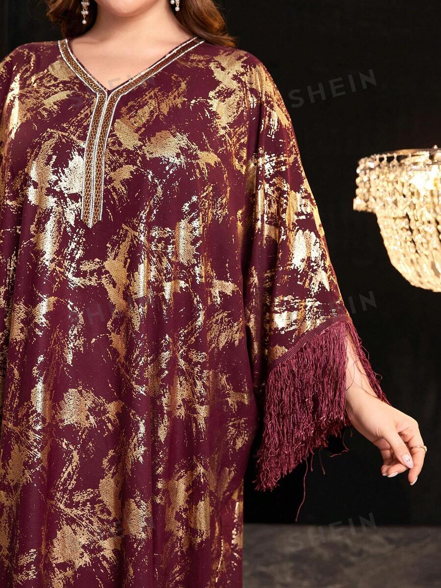 SHEIN Najma Plus Size Gold Foil Print Fringe Detail Batwing Sleeve ...