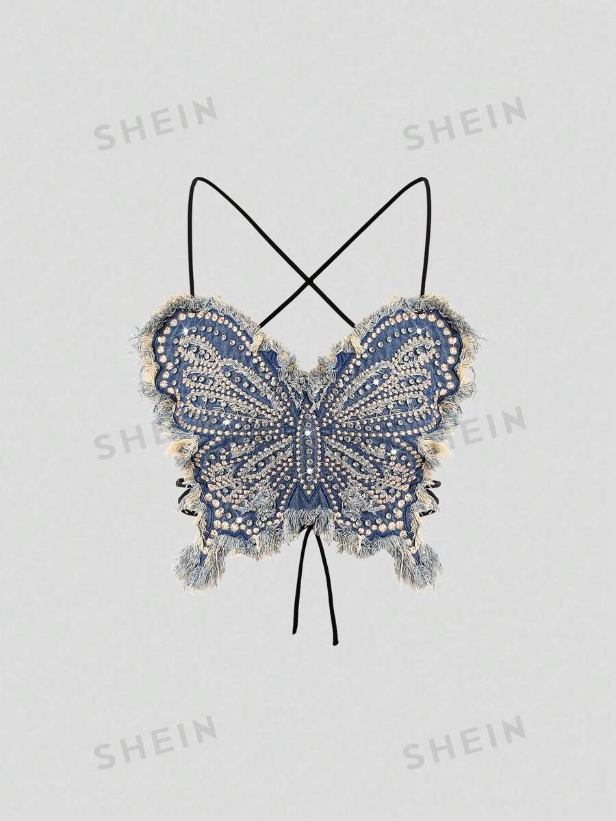 SHEIN ICON Women's Sparkling Rhinestone Butterfly Shape Camisole Tank ...