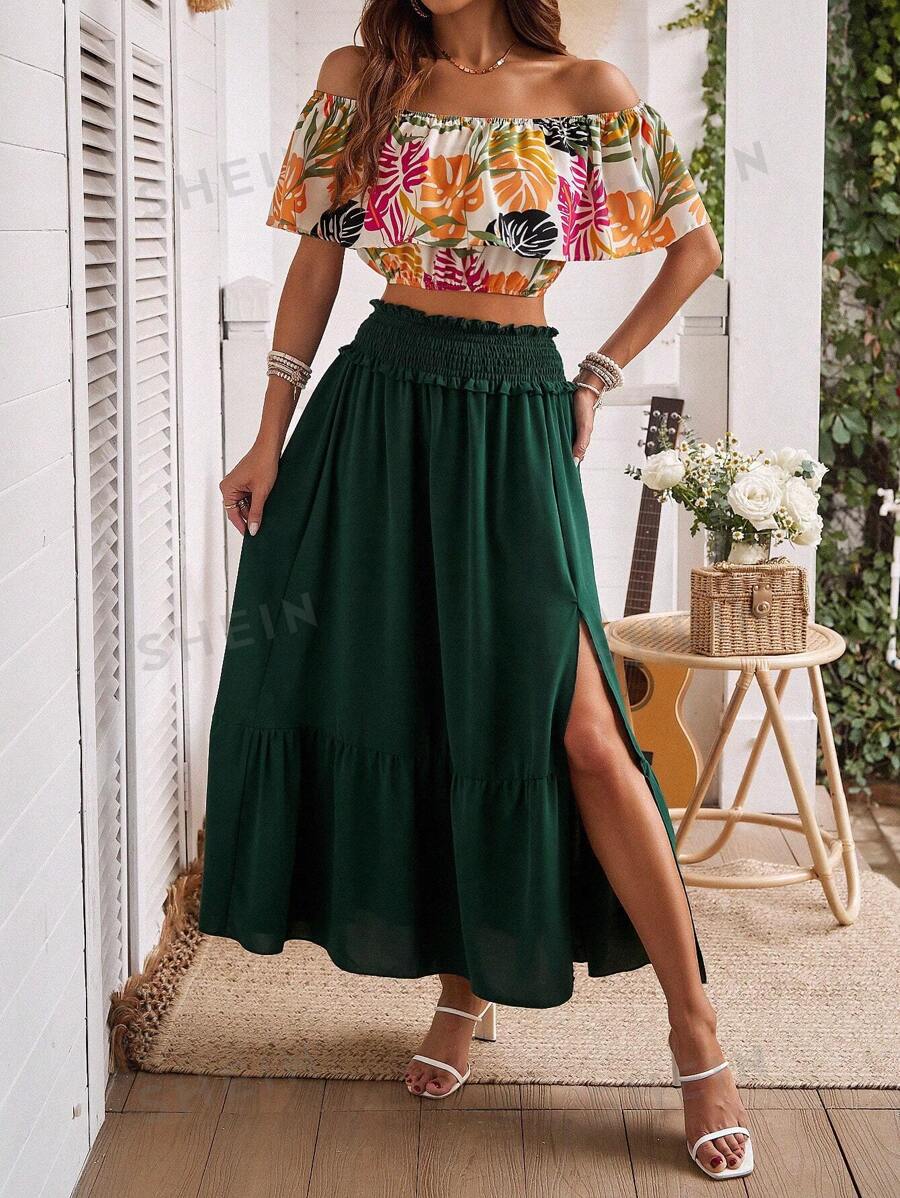Shein Essnce Ladies Tropical Print Off Shoulder Ruffle Trimmed Blouse