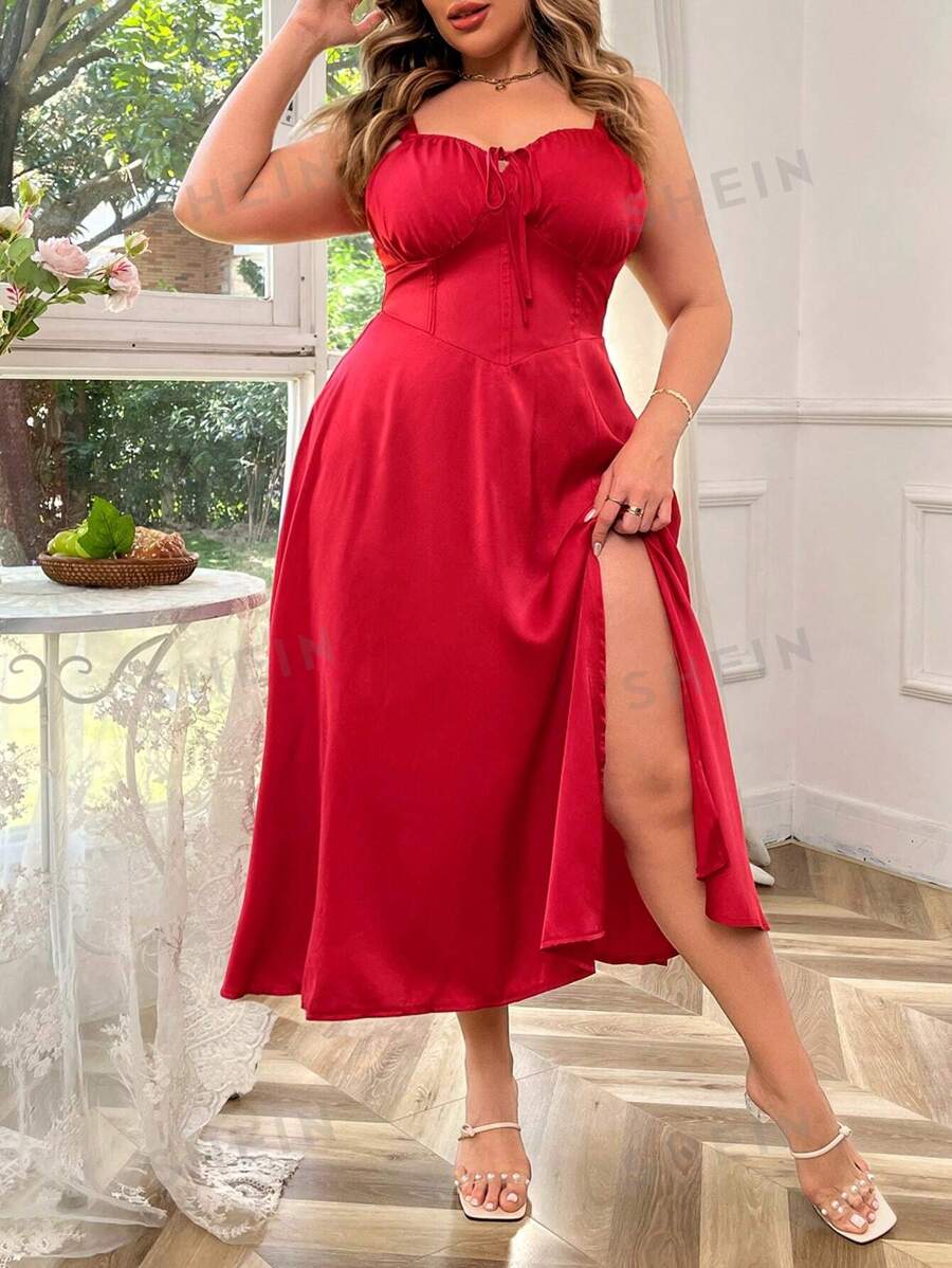 SHEIN Frenchy Plus Size Women's Shirred Faux Fishbone Satin Dress With ...