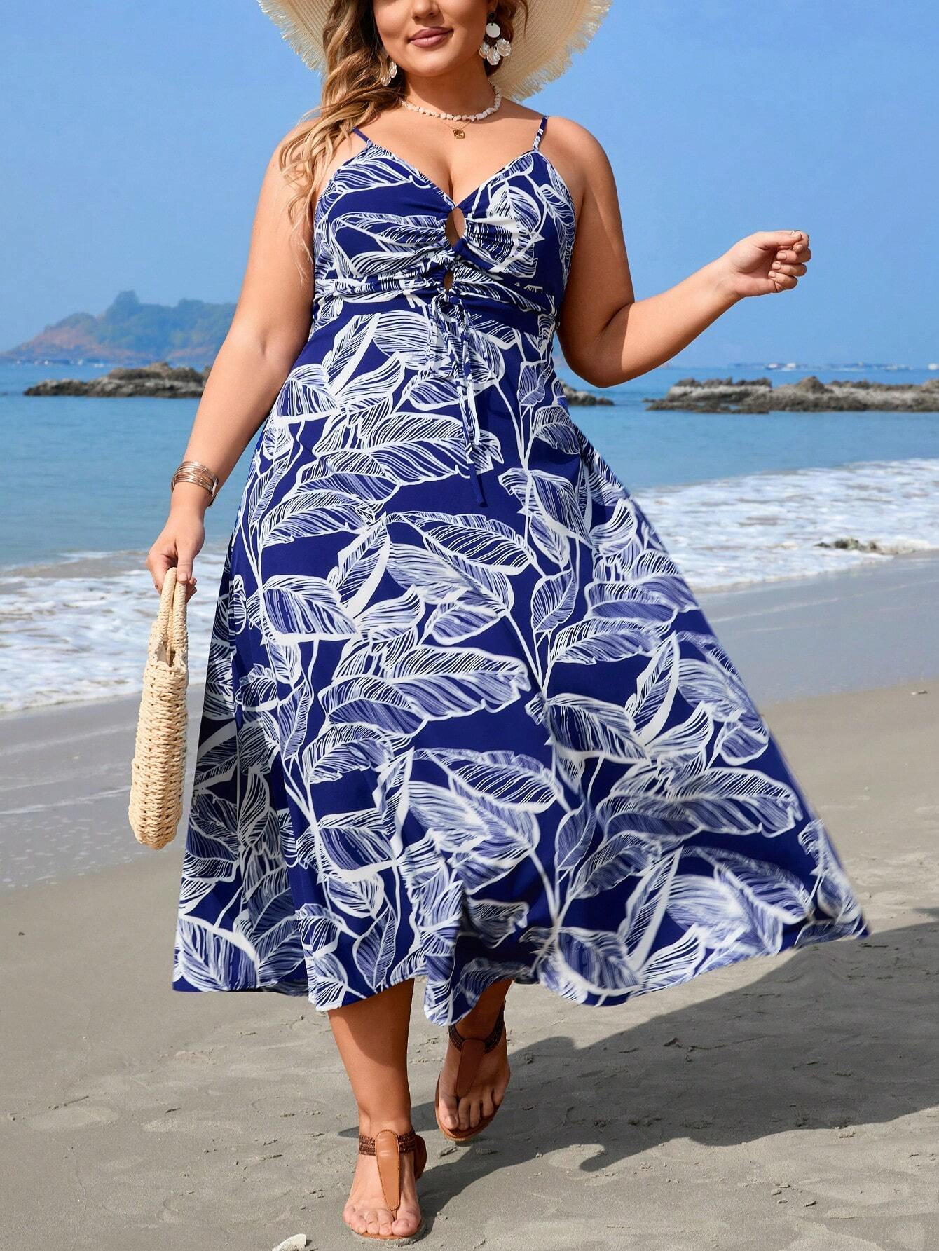 SHEIN VCAY Plus Size Beach Vacation Blue & White Printed Empire Waist ...