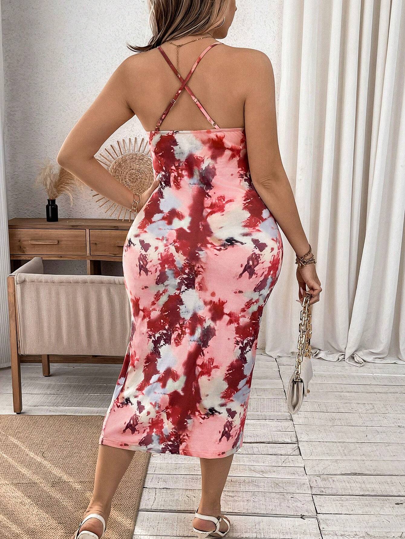 SHEIN Privé Plus Size Romantic Vacation Tie-Dyed Floral Draped-Neck ...