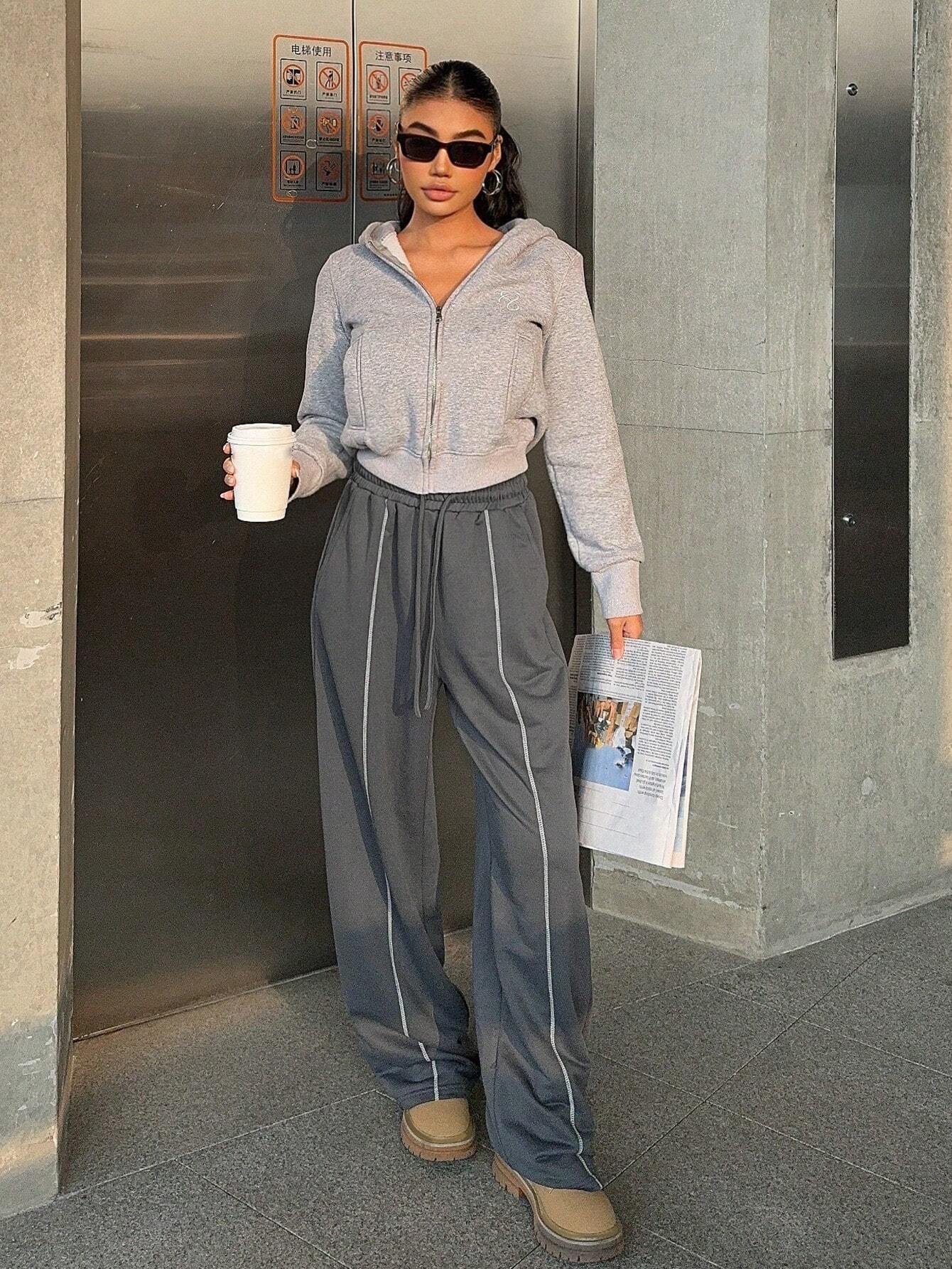 Dazy Designer Women's Drawstring Waist Contrast Color Rolled Hem Pants ...