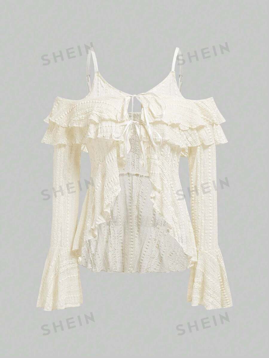 ROMWE Kawaii Vintage Sweet Off Shoulder Flare Sleeve 2-In-1 T-Shirt With Ruffle Hem | SHEIN EUR