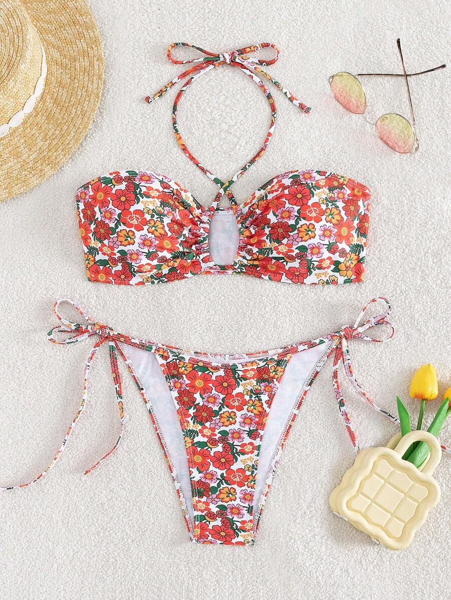 Printed Halter Neck Ruched Top Two-Piece Swimsuit Set New Year | SHEIN UK