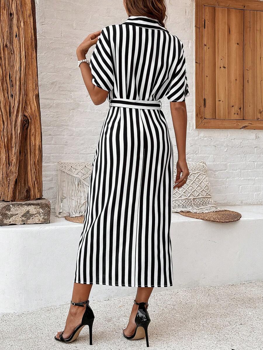 SHEIN Raffinéa Black & White Striped Shirt Dress | SHEIN USA