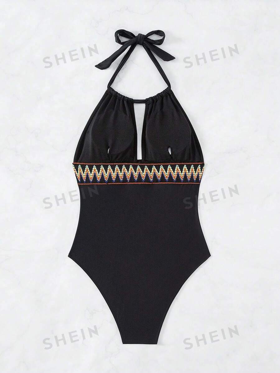 Shein Swim Vcay Ladies Color Block Wave Pattern Woven Strap Halter
